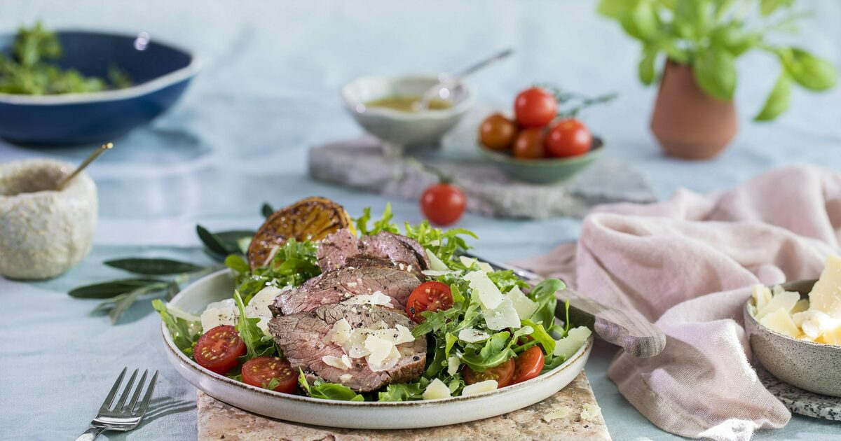 Biff tagliata med ruccola og parmesan | Skikkelig Digg Mat